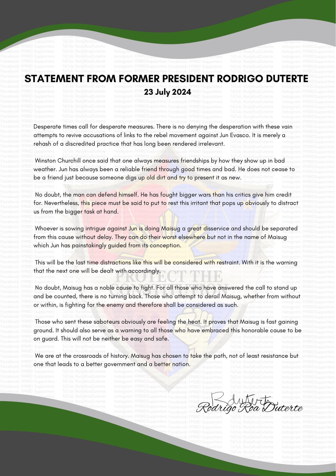 Statement from Former President Rodrigo Roa Duterte | July 23, 2024 ...