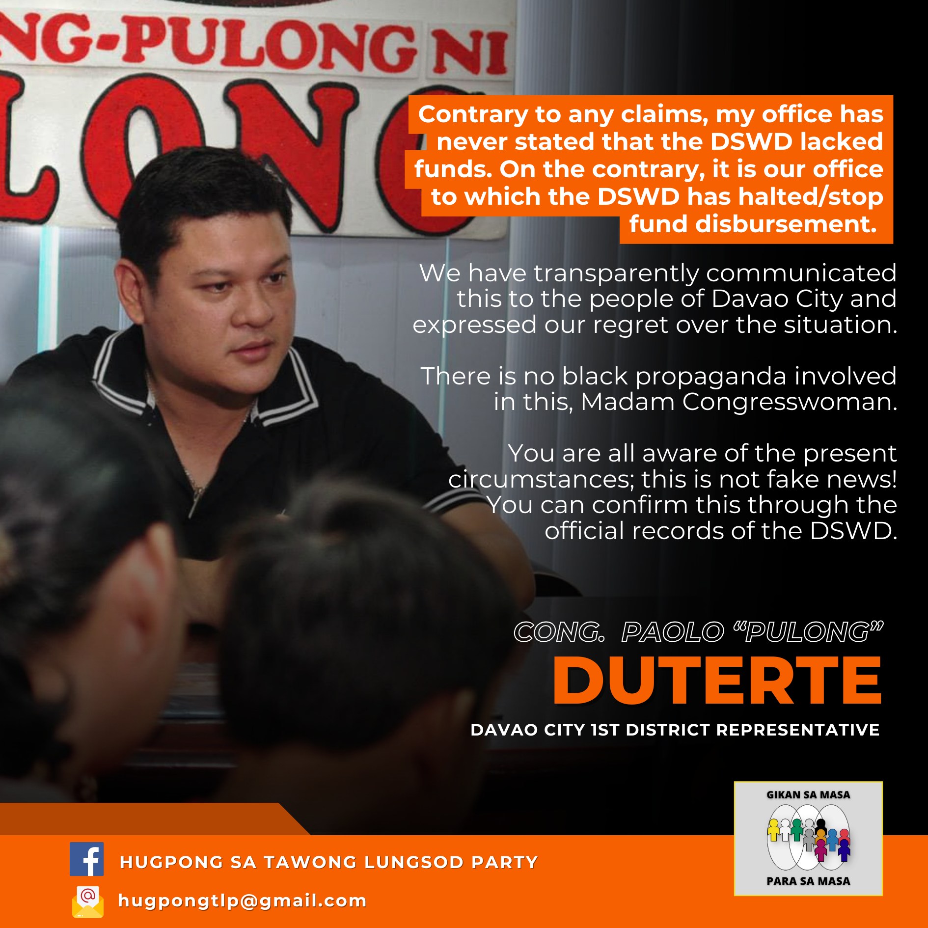 Statement of Davao City 1st District Rep. Paolo Z. Duterte - Banateros